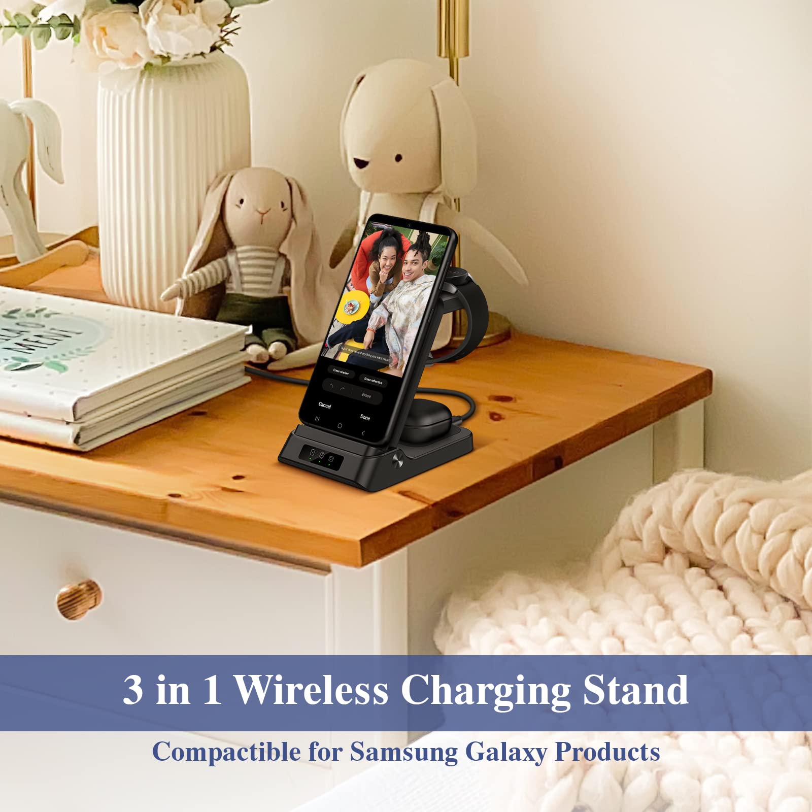 Charging Station for Samsung Wireless Charging 3 in 1: Wireless Charger for Samsung Galaxy S24/S23/S22/S21/S20/S10, Watch 5/4/3/Active2/1, Galaxy Buds/Buds+/Pro/Live/2, 18W Adapter