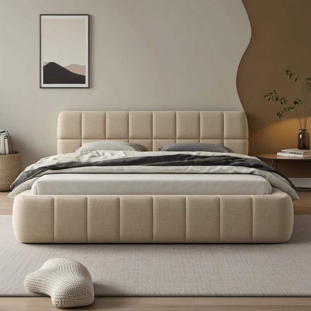 DNYN Full Size Upholstered Platform Bed with Thick Fabric for Kids/Adults,Solid Wood Bedframe w/Wood Slat Support for Small Space,Bedroom,Apartment,Easy Assembly & No Box Spring Needed, Beige