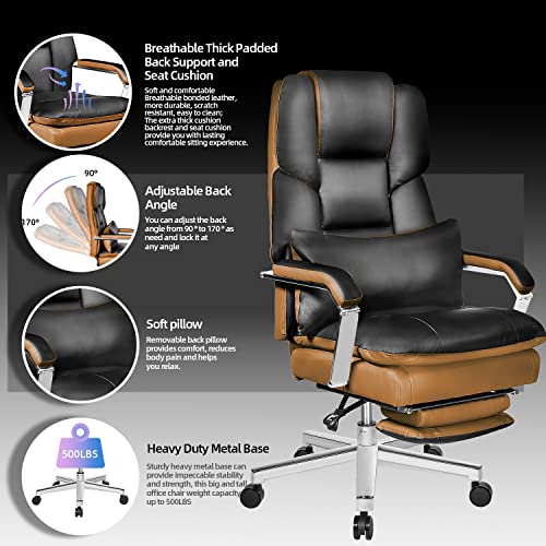 SeekFancy Reclining Office Chair with Footrest O203, Big and Tall Office Chair 500lbs Wide Seat with 170° Backrest, High Back Large Executive Office Chair Lumbar Support,Black Leather Managerial Chair