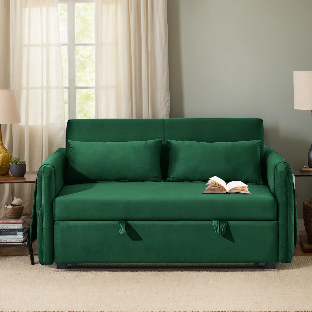 Mofolit Convertible Loveseat Modern Sleeper Sofa Bed, 3-in-1 Adjustable Sleeper Sofa Couch w/Pull-Out Bed, Pillows & Side Pocket & Velvet for Living Room,Apartment,Small Space 55.5β (Green)