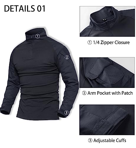 MAGCOMSEN Tactical Men's T-Shirt with Pockets, Long Sleeve, Zipper, High Neck, Lightweight, Black