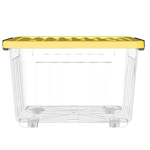 Cetomo 35L*3 Plastic Storage Box,Transparent, Tote box,Organizing Container with Durable yellow Lid and Secure Latching Buckles, Stackable and Nestable, 3Pack, with Buckle