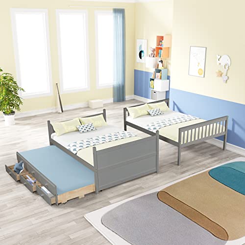 OUYESSIR Full Over Full Bunk Bed with Trundle and 3 Drawers, Full Size Bunk Beds Convertible to 2 Platform Beds, Solid Wood Bunk Bed with Twin Size Trundle and 3 Storage Drawers (Grey, Ladder)