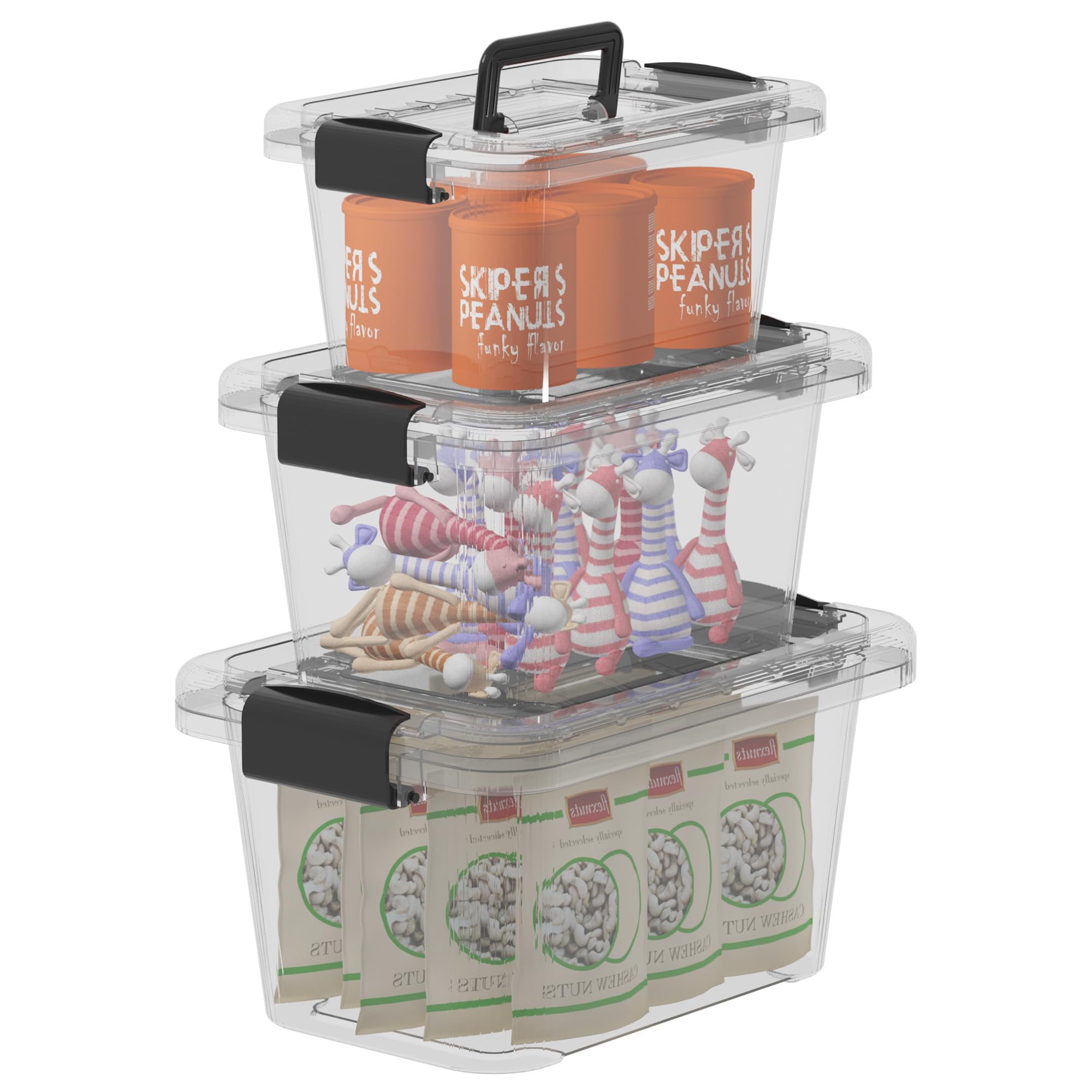 Cetomo 6.8Qt 12Qt 20Qt Plastic Storage Bins, Storage Box, Tote Organizing Container with Durable Lids, Secure Latching Buckles and Handles, Stackable and Nestable, Set of 3 Different Size Boxes, Clear