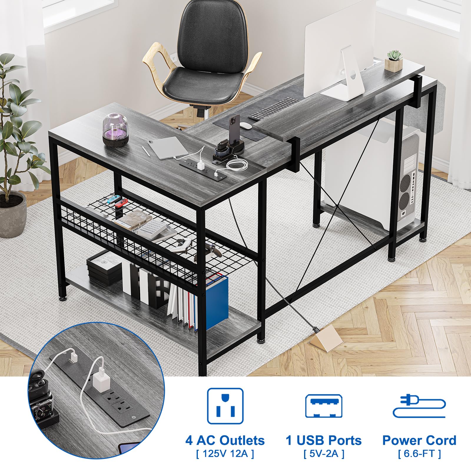 Jojoka L Shaped Computer Desk with Power Outlets & LED Light, Reversible Corner Computer Desk with Storage Shelves & Monitor Stand, Home Office Desk, Gaming Desk, Writing Desk (Pink)