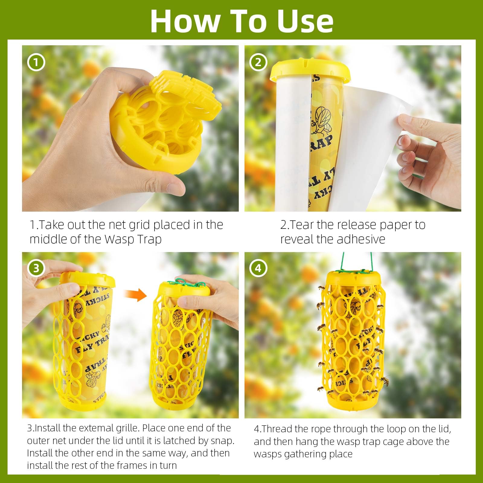 Sticky Fly Traps Outdoor Hanging,Fruit Fly Traps for Indoors,Wasp Trap Bee Traps Catcher,Yellow Jacket Trap,Flying Insect Trap,2 Pack Wasp Deterrent Killer Fly Insect Catcher with 4 Sticky Boards