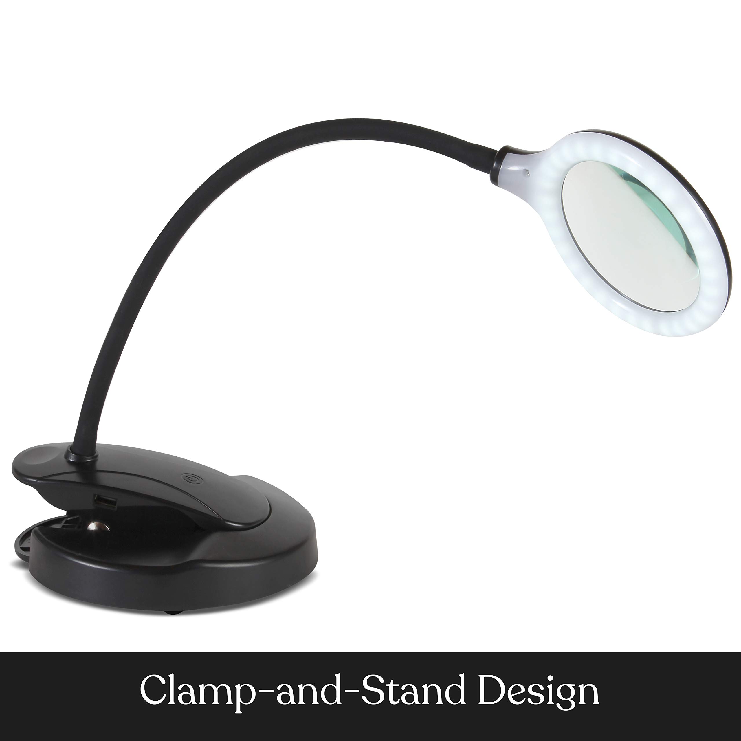 Brightech LightView Magnifying LED Desk Lamp with Stand, Clamp - 1.75x Light Glass Magnifier with USB Port - Dimmable Reading Lamp - Black