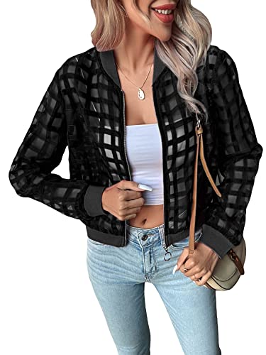 Floerns Women's Hollow Out Long Sleeve Baseball Collar Zip Up Bomber Jacket Black Plaid L