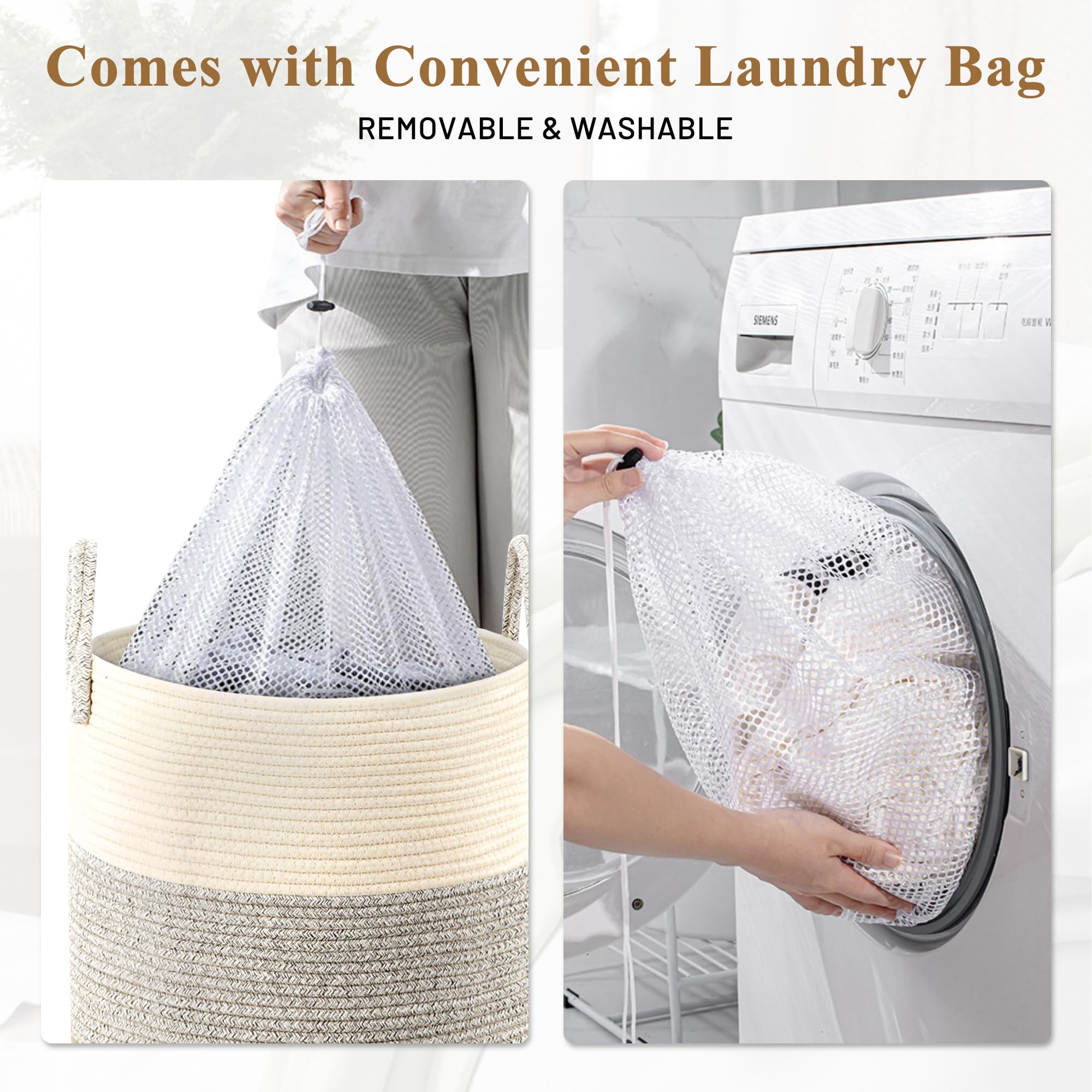 Jolitac 58L Large Woven Laundry Hamper, Laundry Basket with laundry Bag Blanket Basket Tall Wicker Laundry Baskets for Clothes Pillows Towels Shoes in Living room Bedroom, 15" x 20"