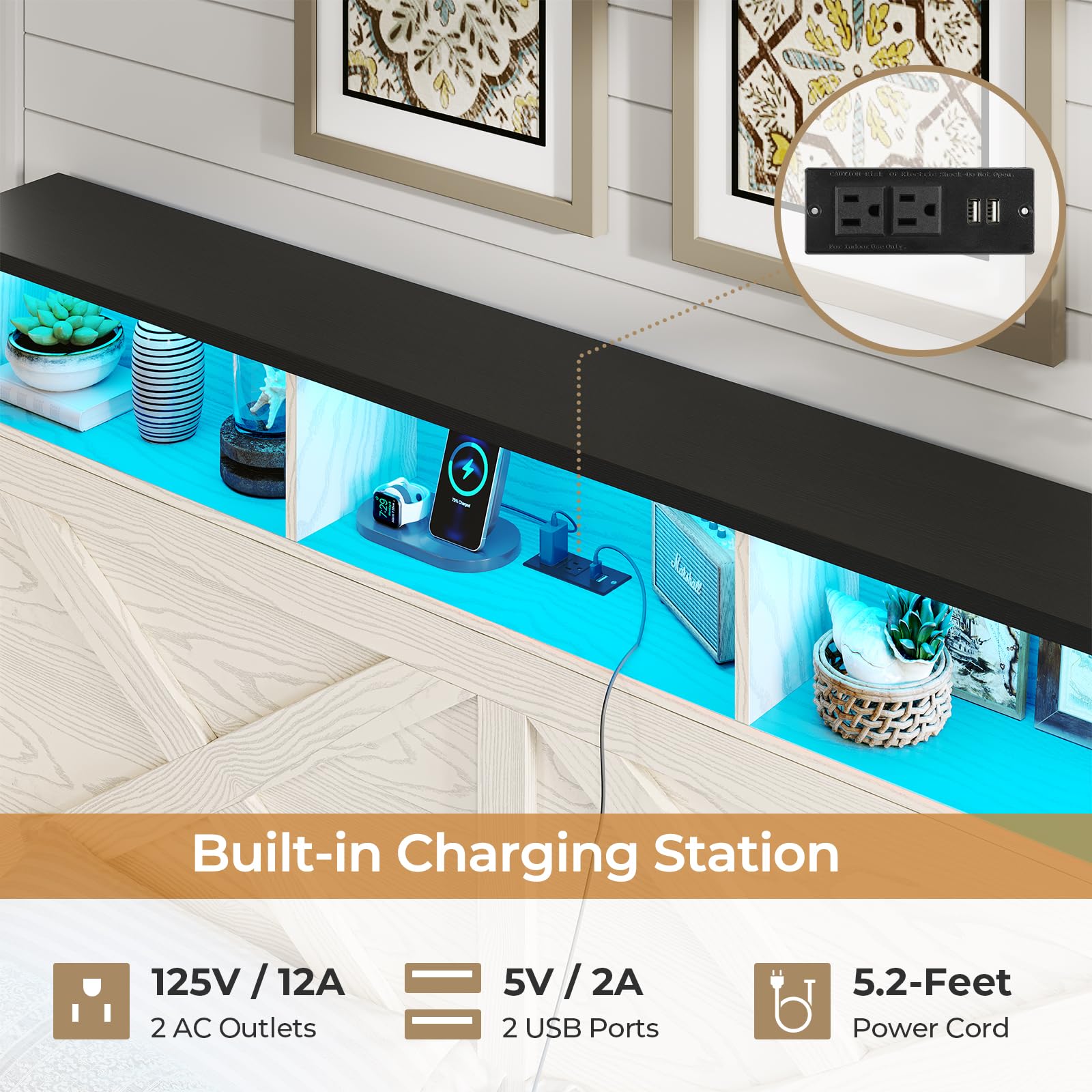 DICTAC Farmhouse Queen Bed Frame with Storage Headboard, Charging Station and LED Lights Queen Size Platform Bed Frame with Storage Ottoman, Metal Slats Support, No Box Spring Needed, Antique White