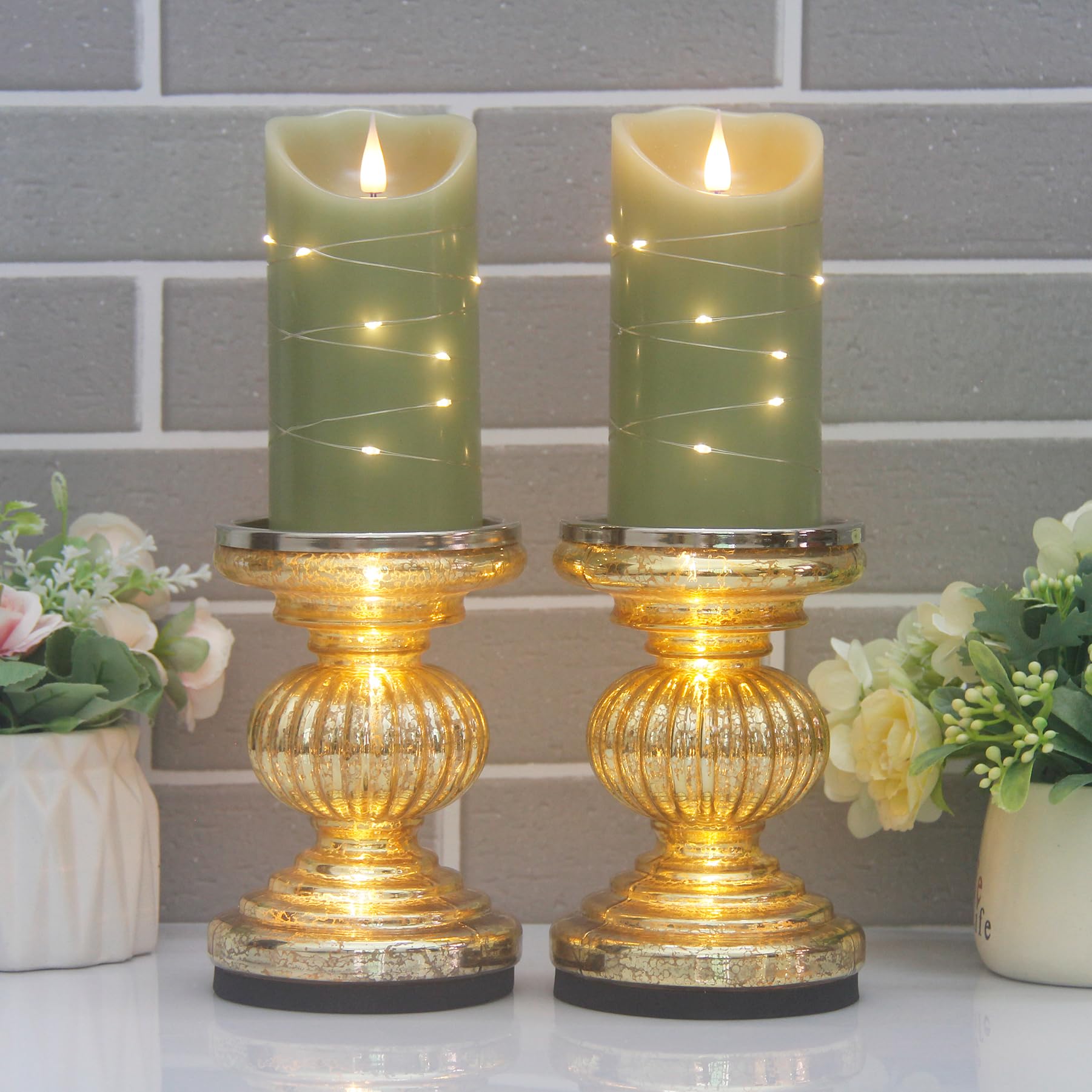 CFDECOR Mercury Glass Pillar Candle Pedestal Holders with Lights Set of 2,Candle Holder for Pillar Candle,Candlestick Holders,Perfect Decoration for Wedding Home Dining Table Xmas (Blue)