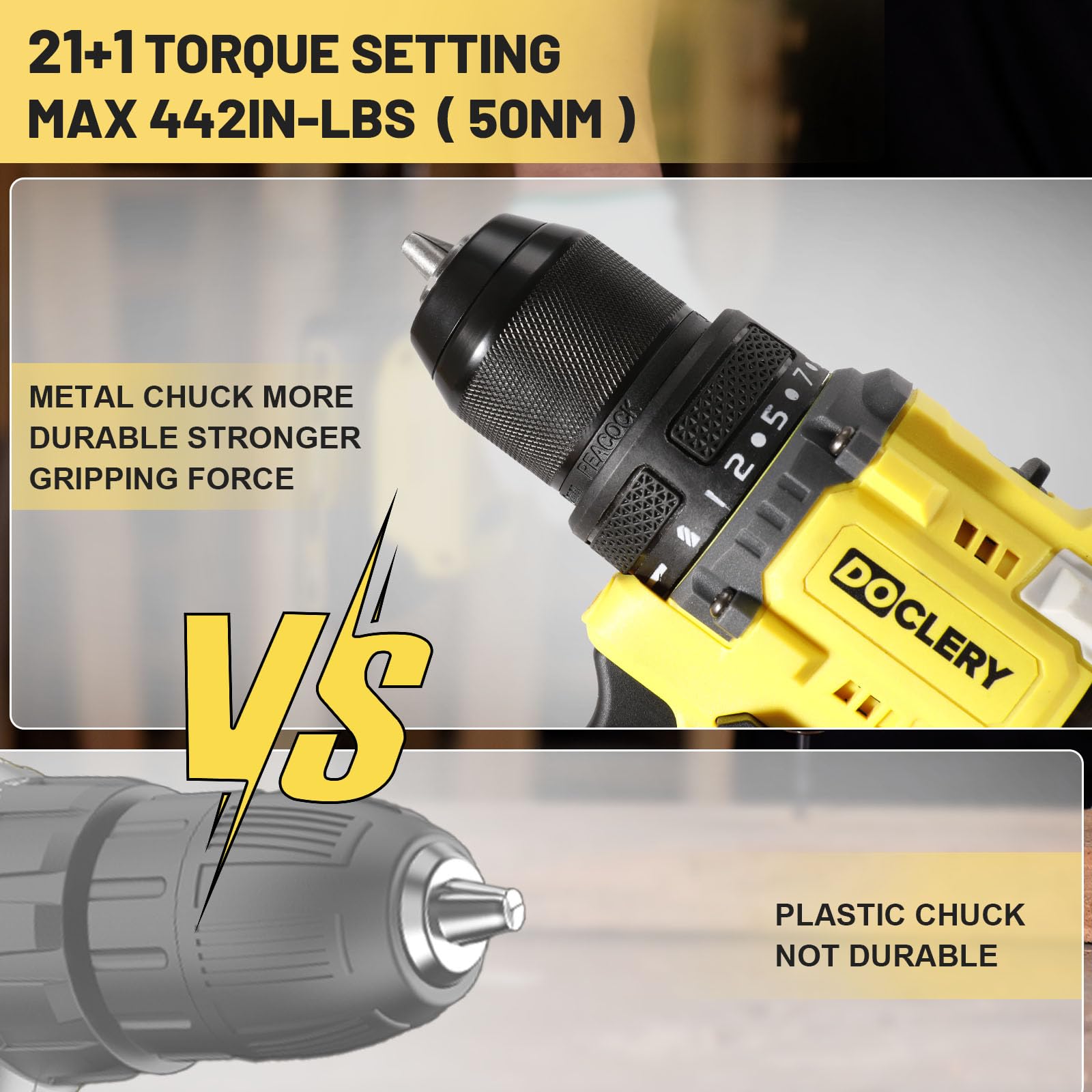 DOCLERY 20V Cordless Drill, Electric Power Drill Set with 1 Battery & Charger, 2 Variable Speed, 266 In-lbs Torque, 25+1 Position and 34pcs Drill/Driver Bits