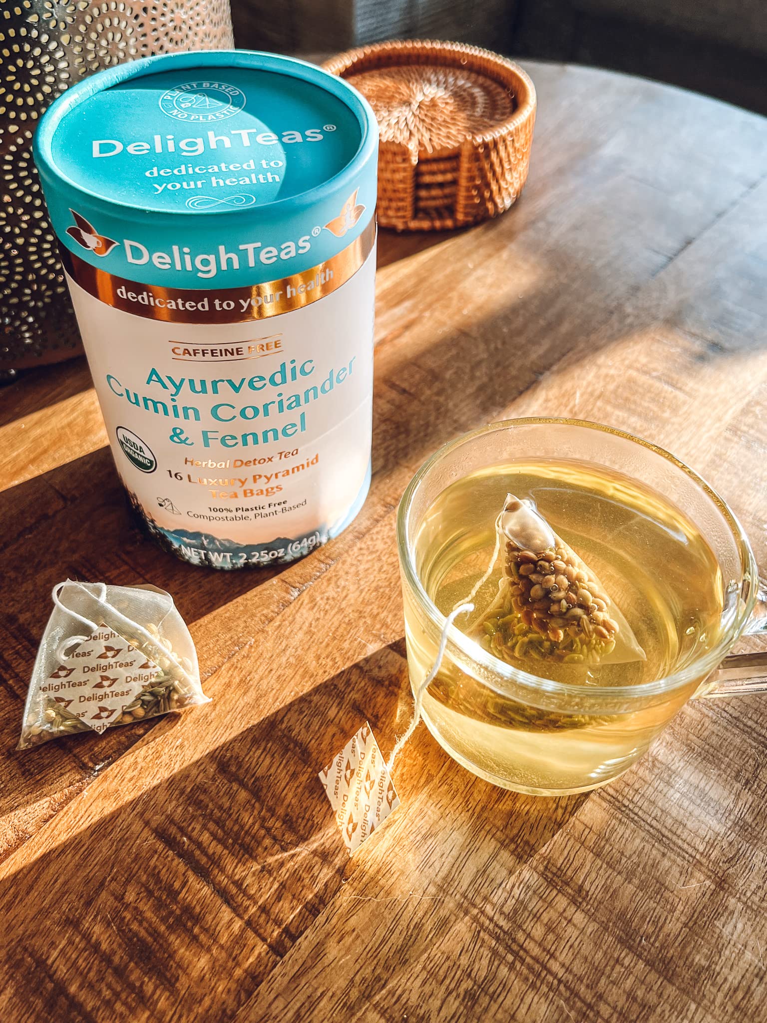 DelighTeas Organic Digest & Detox CCF Tea | Eco-friendly, Compostable Pyramid Tea Bags | Ayurvedic Cumin, Coriander, Fennel Tea | USDA Organic, Caffeine Free, Kosher | 16 Tea Bags, 4g each