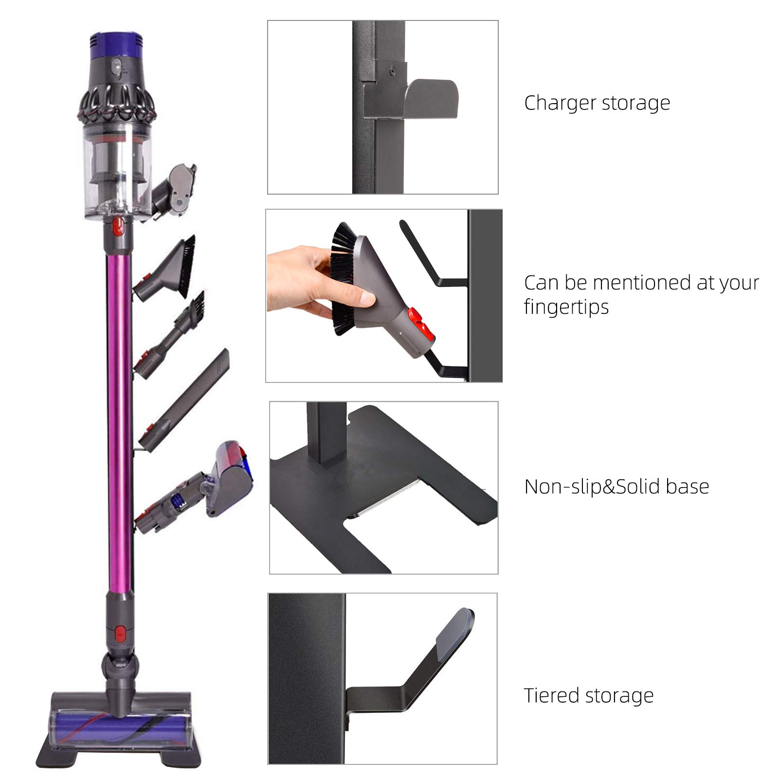 BRIGHTSHOW [2023 Upgrade] Vacuum Stand, Storage Stand Docking Station Stable Metal Accessories Storage Bracket Holder for Dyson Handheld V15 Detect V11 V10 V8 V7 V6 Cordless Vacuum Cleaners (Black)