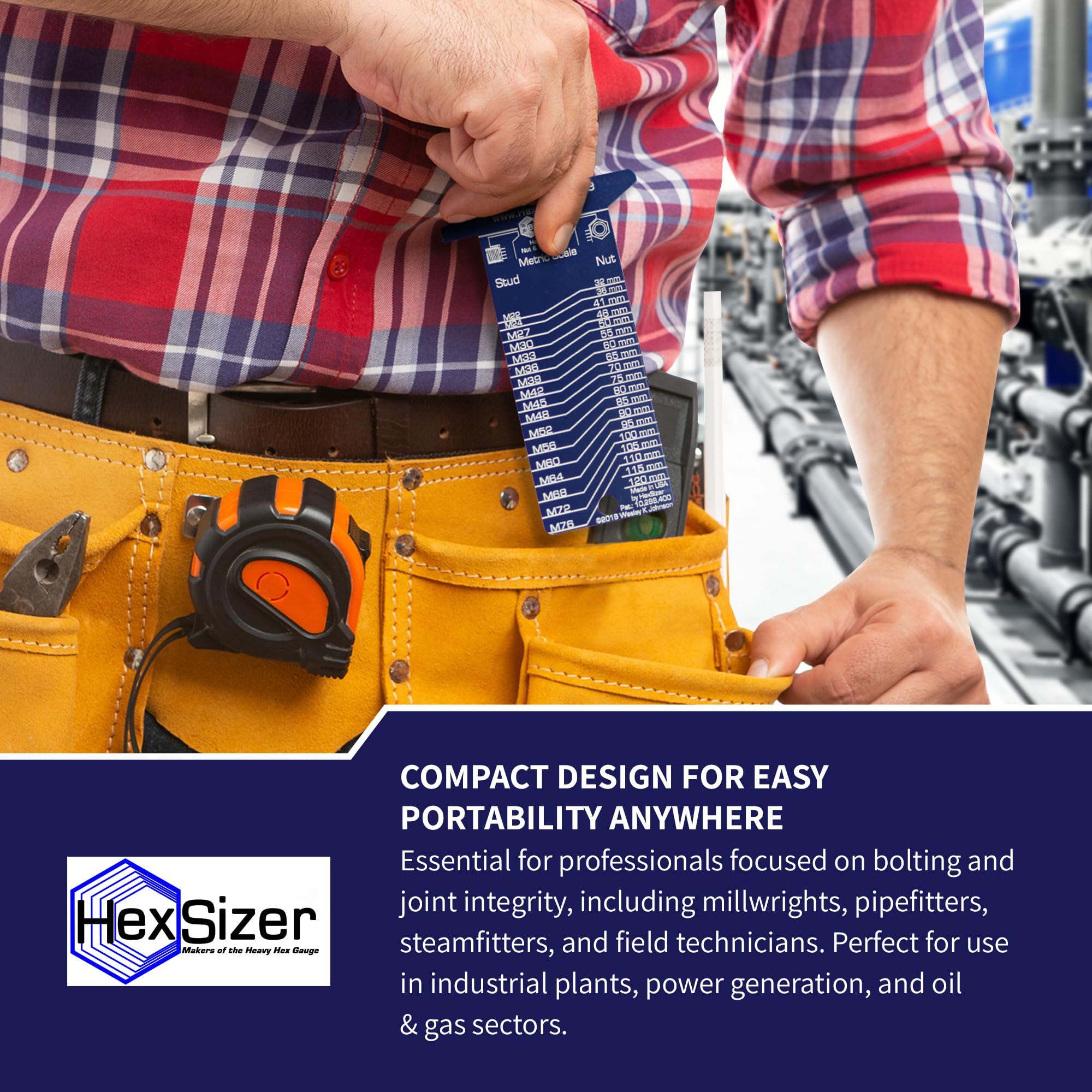 HexSizer Heavy Hex Gauge – Pocket Tool for Measuring Nut & Bolt Sizes | Inch & Metric | High Temp Laser Engraved | Nut & Bolt Sizer from 1-1/16" to 4-5/8" or 32mm to 120mm