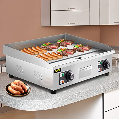 VEVOR Commercial Electric Griddle, 26" Teppanyaki Grill, 3200W Electric Flat Top Grill, Stainless Steel Electric Countertop Griddle w/Drip Hole, 50-300℃ Electric Griddle for Pancake, Chicken(No Plug)
