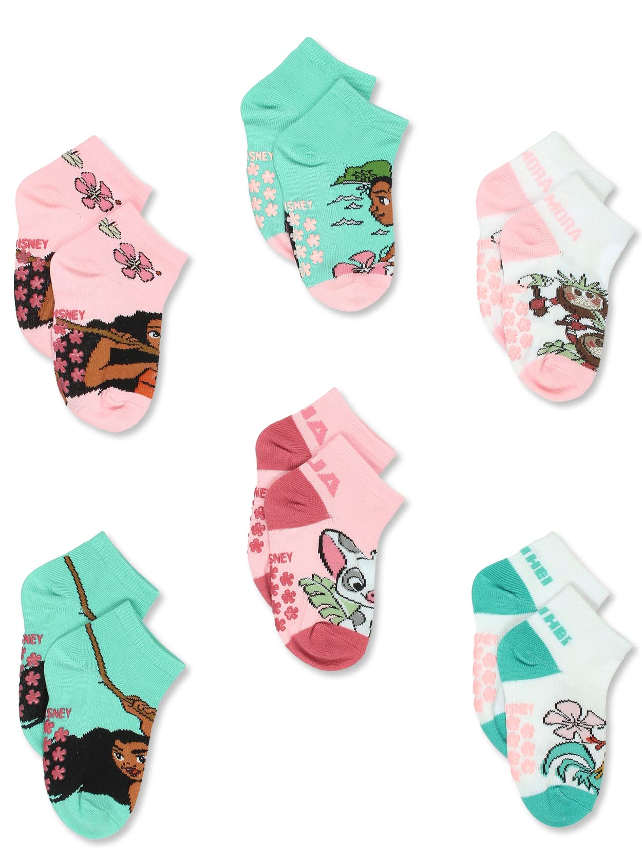 Disney Princess Moana Toddler Girls 6 Pack Quarter Style Socks with Grippers (Small (4-6), Blush)
