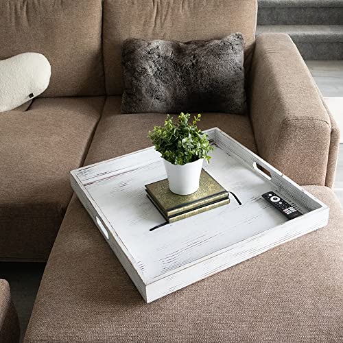 Hanobe Square Large Ottoman Tray: Extra Large Serving Tray with Handles Rustic Wood Whitewash Decorative Coffee Table Trays Farmhouse Home Decor for Living Room Kitchen Counter 24" x 24"