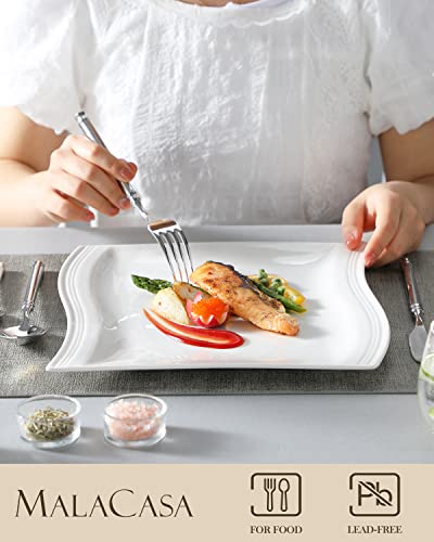 MALACASA White Square Dinner Plates - 10 Inch Porcelain Serving Plates Set of 6, Modern Ceramic Salad Dessert Plates, Dishwasher, Oven and Microwave Safe Kitchen Plates, Series Flora