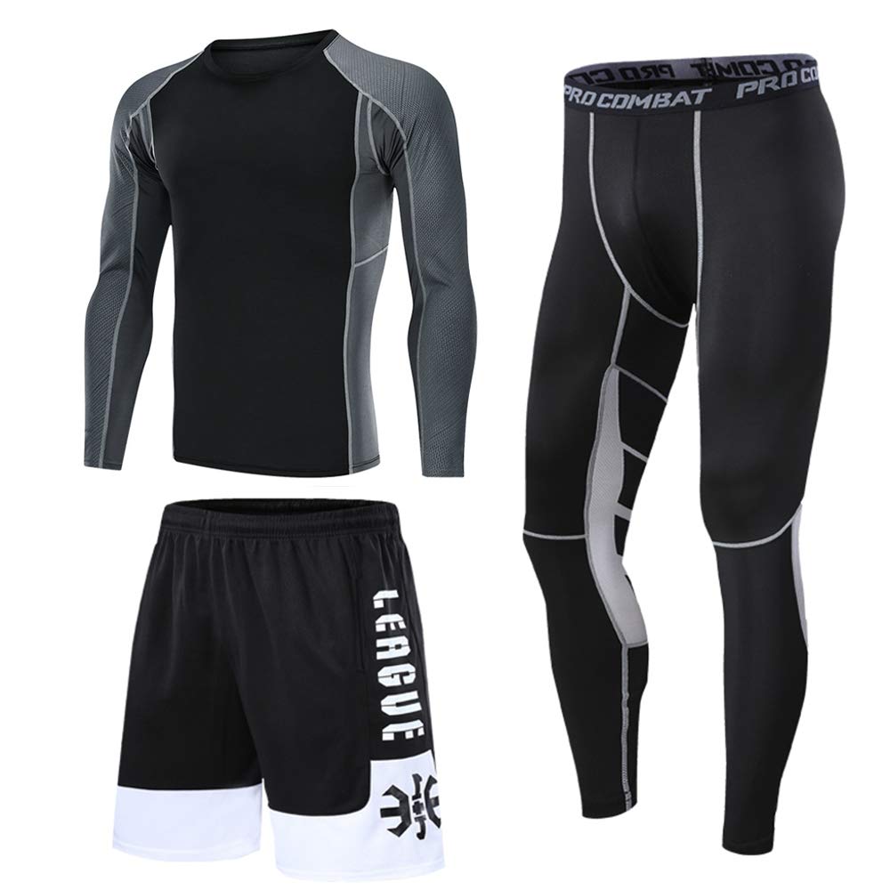 Bsadne Men's Compression Set Running Gym Clothes for Men Basketball Clothes Set (3 Pieces Long-d, X-Large)