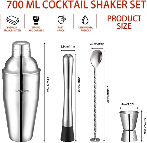 Cocktail Shaker Set Bartender Kit for Alcoholic Drinks -4 Piece Classic Stainless Steel Drink Mixer Set Essential Cocktail Bar Tool Set, Home/Bar Cart Accessories with 24 oz Shaker Cup (Sliver)
