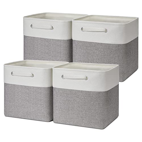 Neykioy Storage Bins for Cube Organizer,Storage Cubes 12 x 12, Fabric Storage Bins for Home,Office Nursery Organization and Storage Cube Bins,Bins for Cube Organizer with 2 Handles(White&Grey,4 Pack)