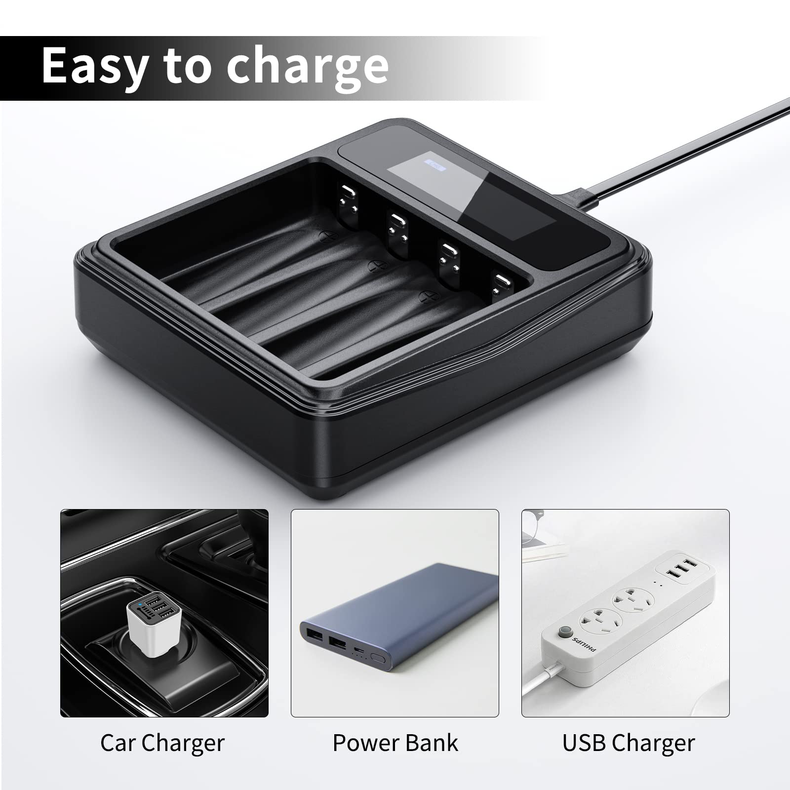 Doublepow AAA Lithium Batteries with LCD Battery Charger,Lithium AAA Batteries with 4 Slot Individual Battery Charger,Rechargeable AAA Battery,Triple AAA Batteries,8 Pack of AAA Rechargeable Battery