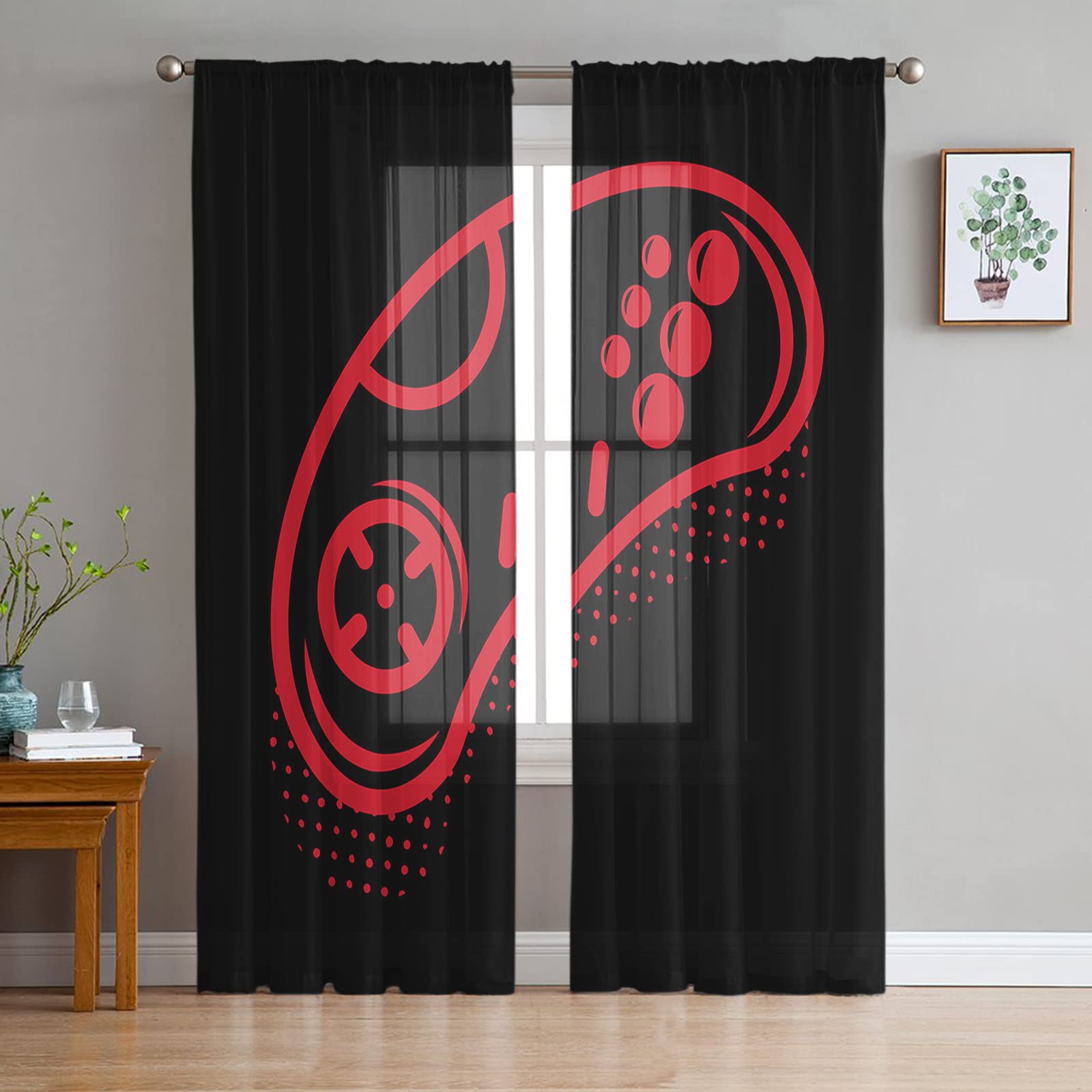 Video Game Window Semi Sheer Curtains for Bedroom Living Room, Red Gamepad Games Controller Gamer Black Rod Pocket Chiffon Voile Sheer Drapes Curtain 84 Inch Length 2 Panels Set