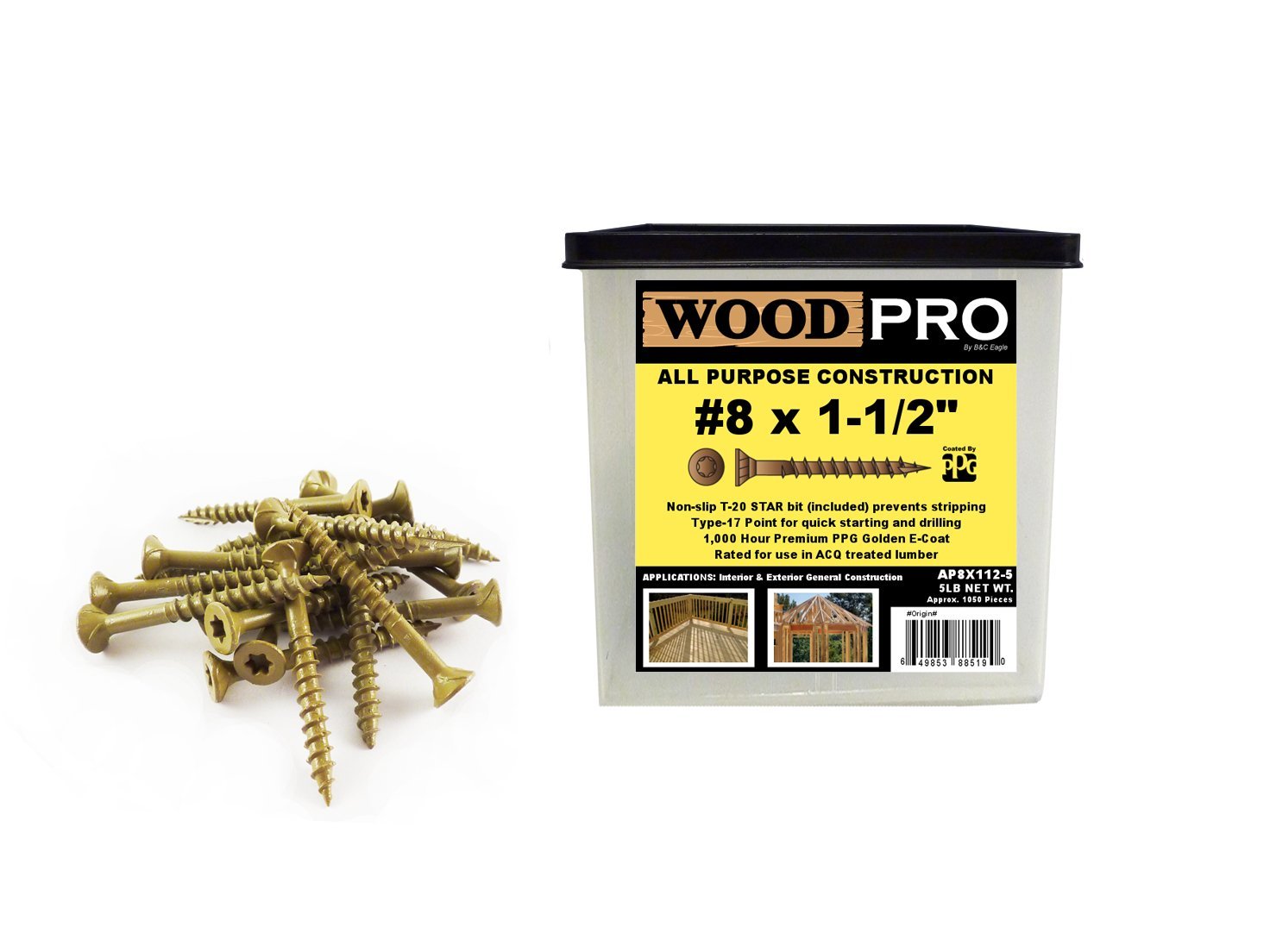 WoodPro Fasteners AP8X112-5 T20 5-Pound Net Weight 8 by 1-1/2-Inch All Purpose Wood Construction Screws, 1050-Piece, Gold