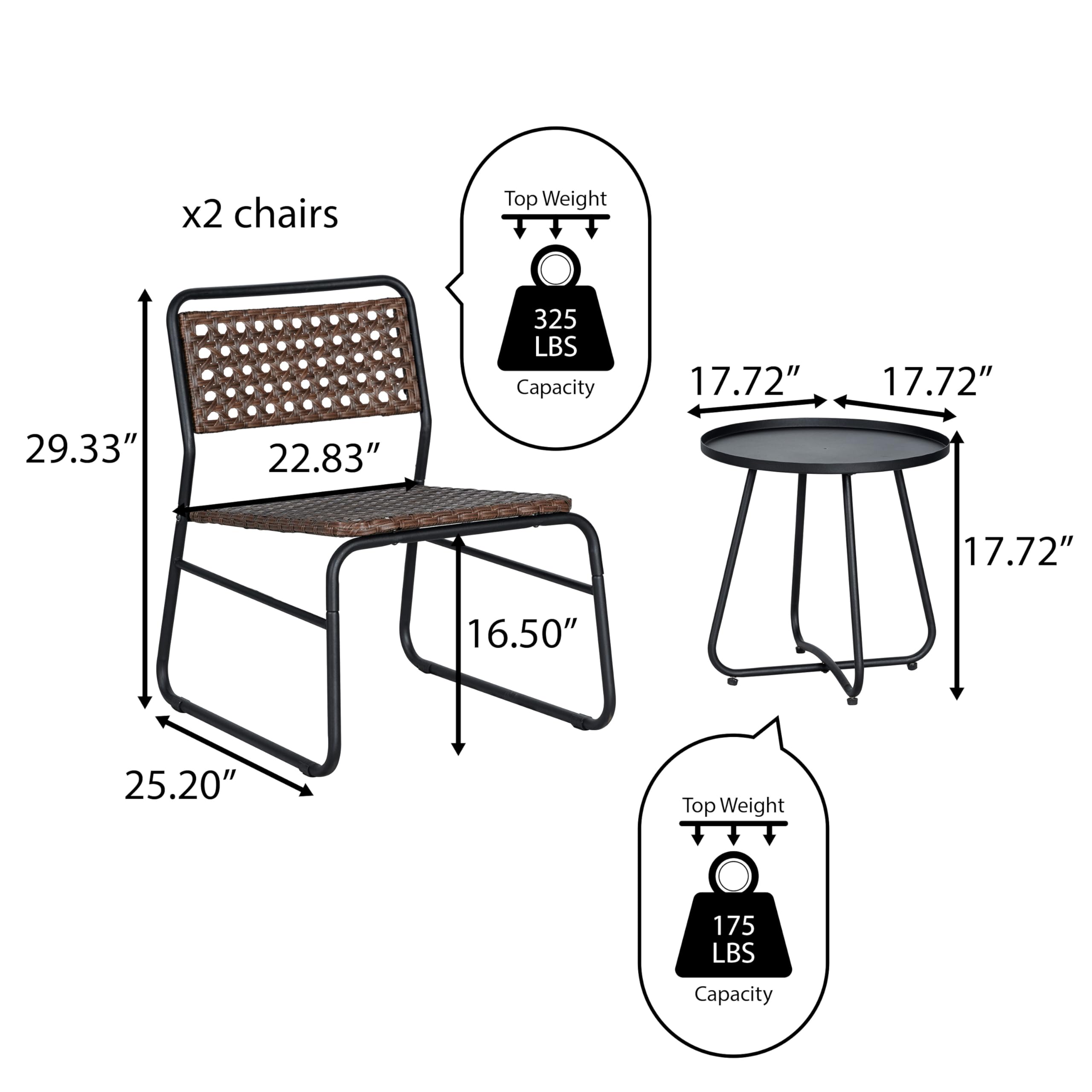 JONATHAN Y LVG1100B-3SET Freja 3-Piece Mid-Century Modern Faux Rattan Conversation Outdoor Patio Set Scandinavian, Classic, Transitional, Bohemian, Traditional, Black/Brown