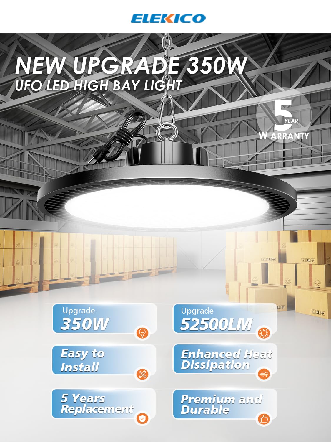 ELEKICO UFO Led High Bay Light, Upgrade Super Bright 350w 52500lm 5000k High Bay Led Shop Lights with Us Plug 5' Cable, Led Shop Lights for Garage Workshop Factory Barn Gym Warehouse 4 Pack