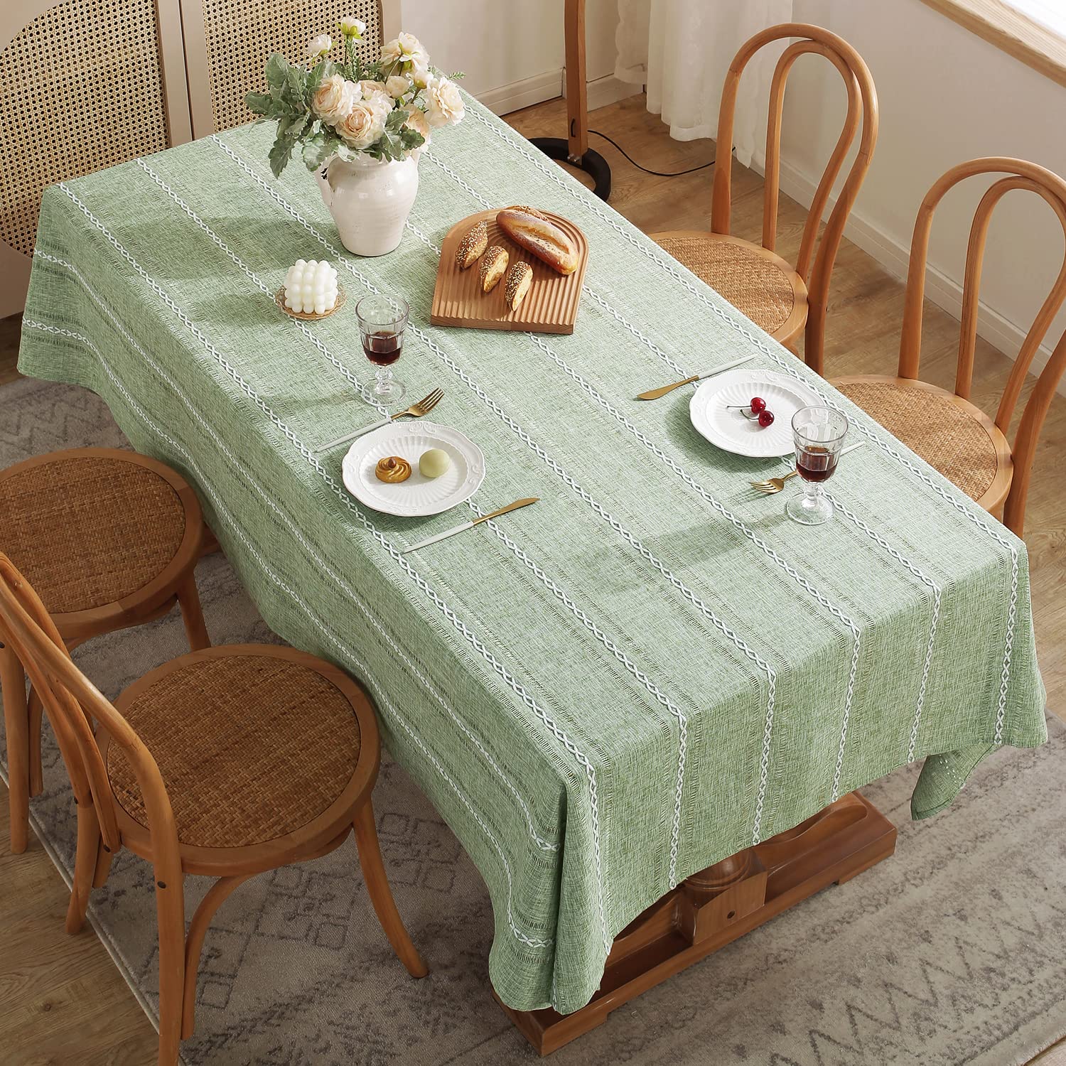 Chassic 60 x 84 inches Farmhouse Style Linen tablecloths, Wrinkle Resistant Washable Dining Room Table Cloths for Rectangle Tables - Hemstitch Sage Green