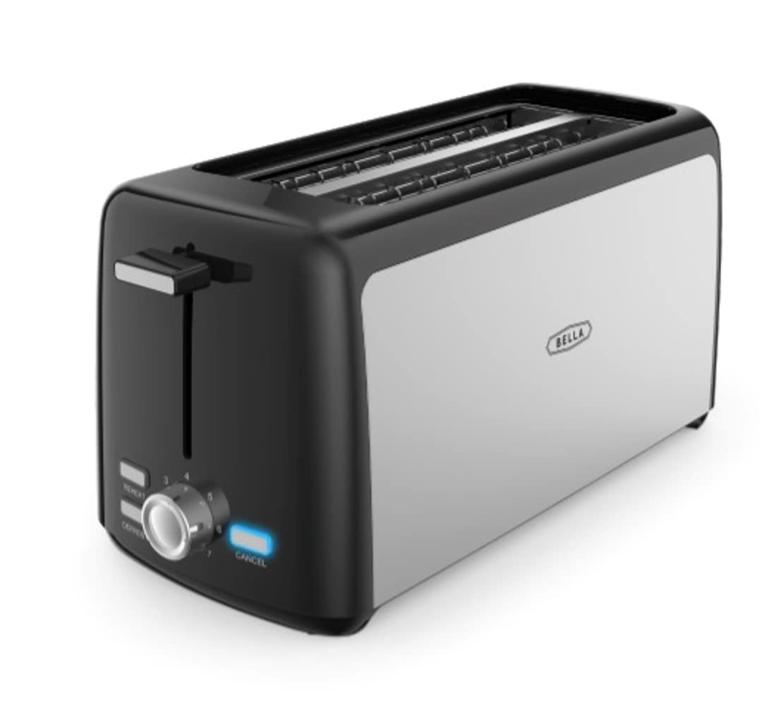 BELLA 4 Slice Toaster, Long Slot & Removable Crumb Tray, 7 Shading Options with Auto Shut Off, Cancel & Reheat Button, Toast Bread & Bagel, Stainless Steel & Black