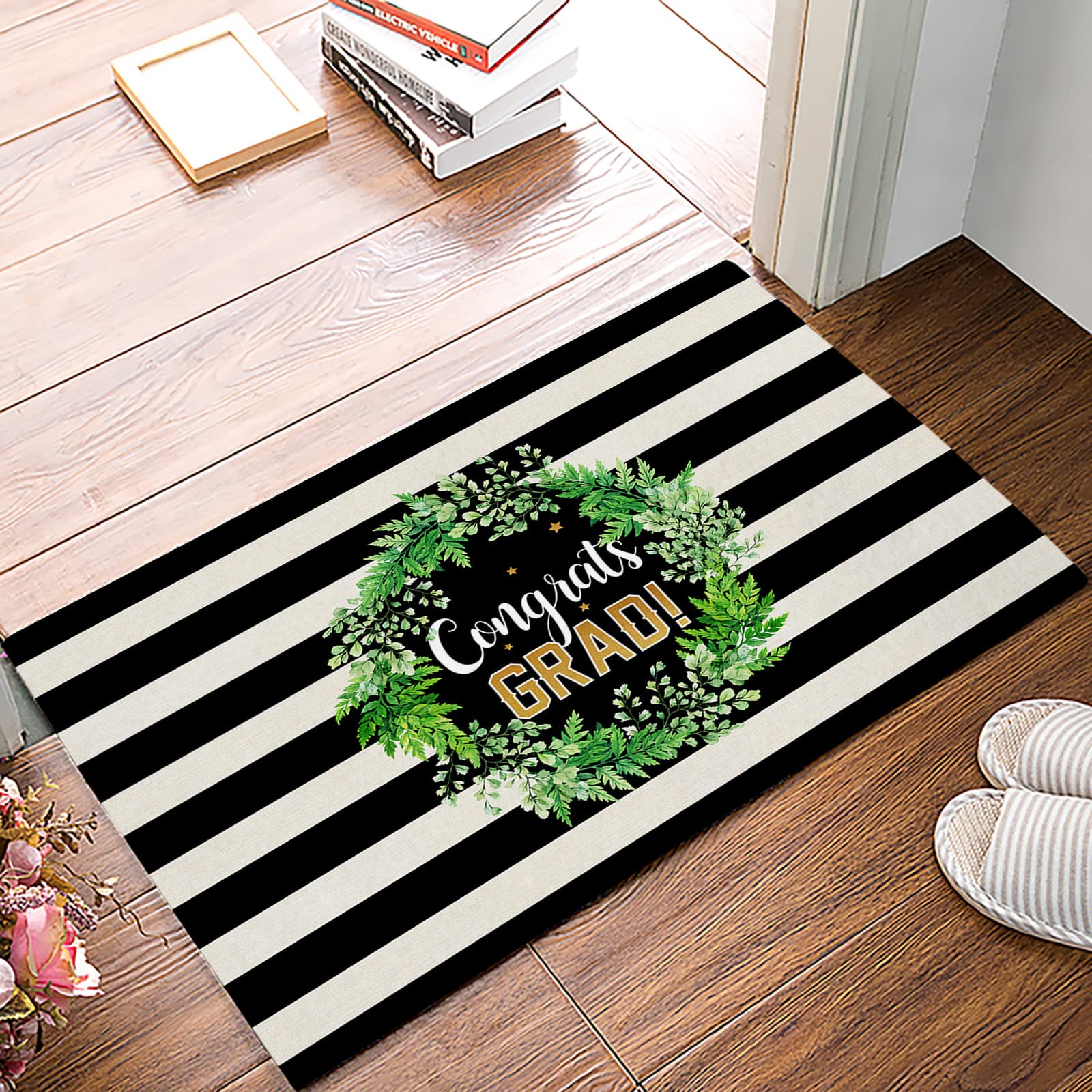 Congrats Grad Bachelor Cap Spring Garlands Doormat Bath Rugs Non Slip, Washable Cover Floor Rug Absorbent Carpets Floor Mat Home Decor for Kitchen Bedroom Black and White Geometric Stripes (16x24)