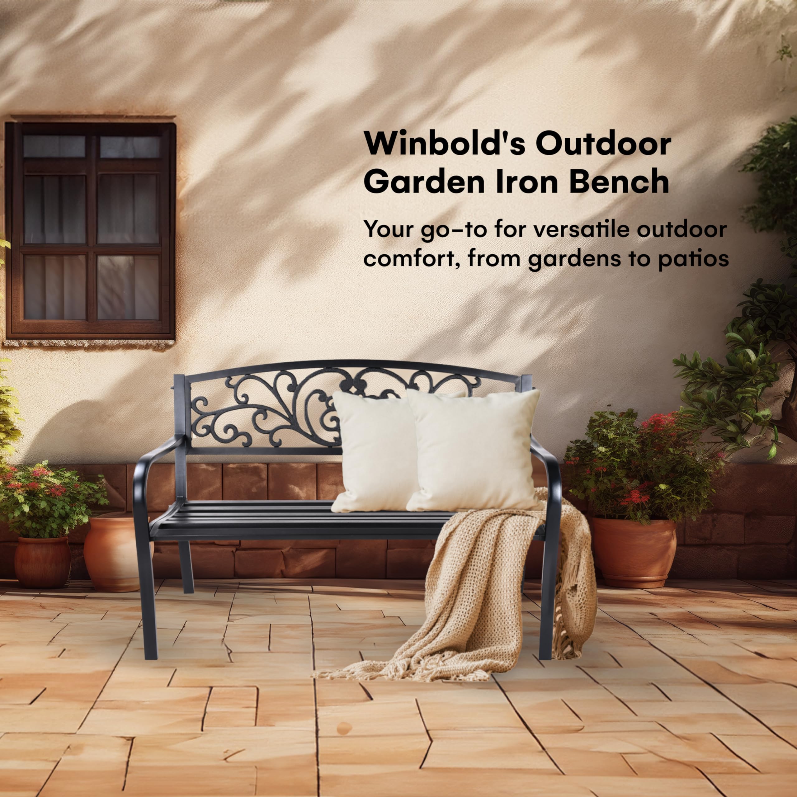 flybold Outdoor Bench Garden Bench with Armrests Steel Metal Bench for Outdoors Lawn Yard Porch - Black Walnut