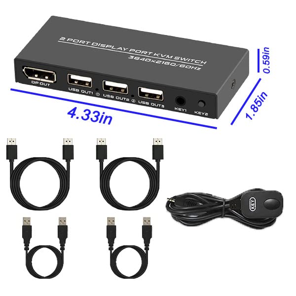 Displayport kvm Switch - 2 Port DP KVM Switch,Display Port Monitor Switch for 2 Computers Share 3 USB2.0 Keyboard Mouse Printer,U-Disk,Support 4K@60Hz,2 DP&2 USB Cables 1 Desktop Controller