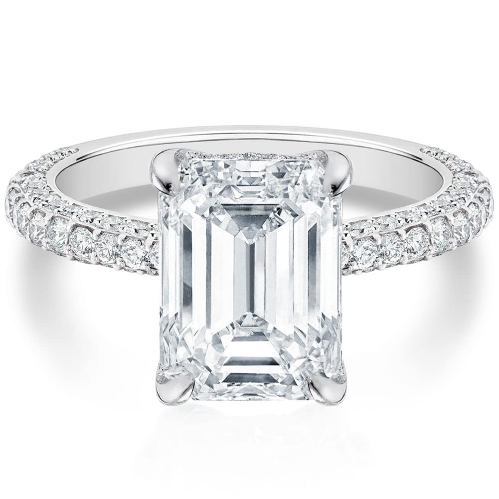 Bo.Dream 3 Carat Emerald Cut Cubic Zirconia CZ Engagement Rings For Women Platinum Plated Sterling Silver Size 6.5