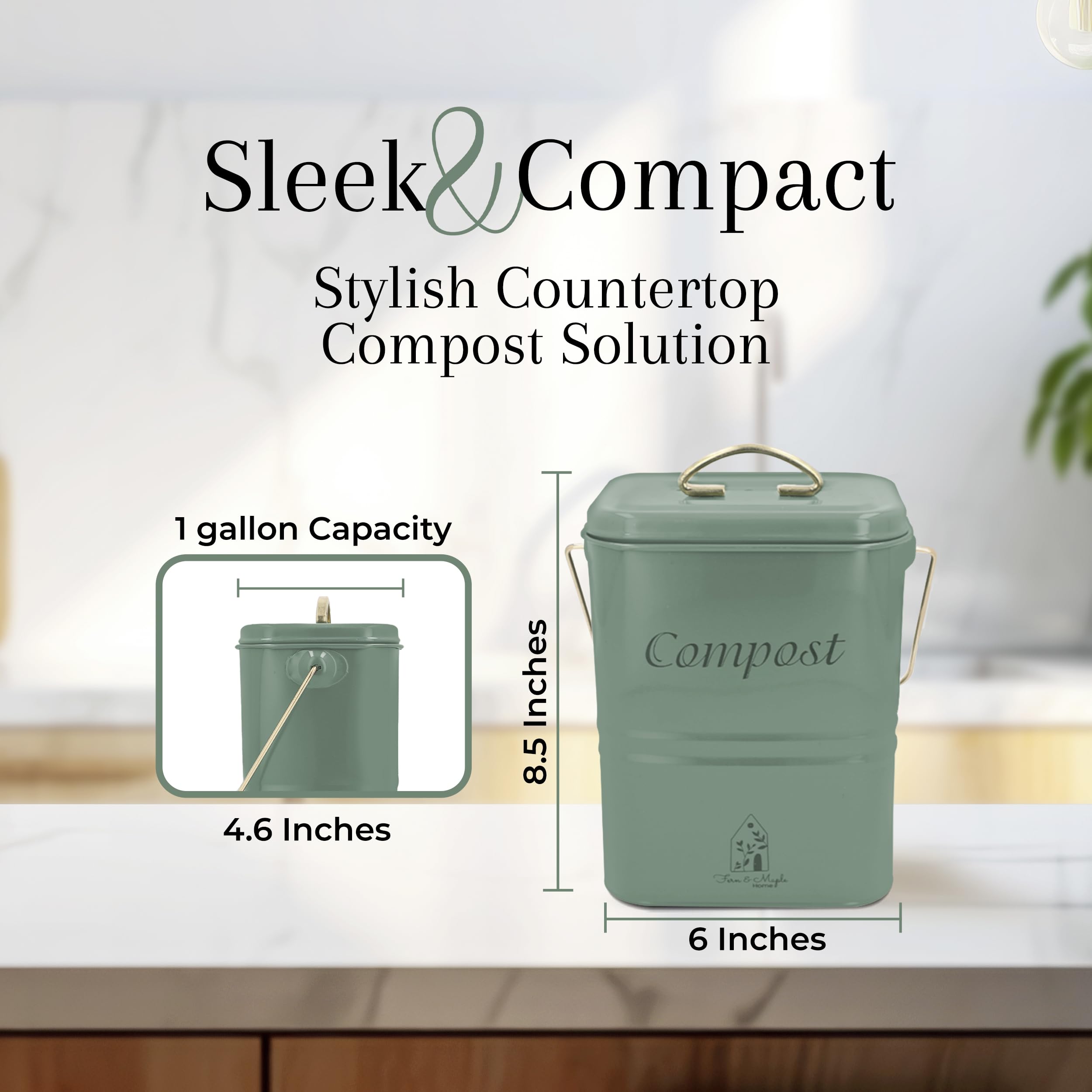 Compost Bin Kitchen Counter – 1 Gal with Lid & 3 Charcoal Filters, Small Square Countertop Composting Bin Fits Against Wall - Space Saving for Food Scraps, Odor-Free Countertop Compost Bucket