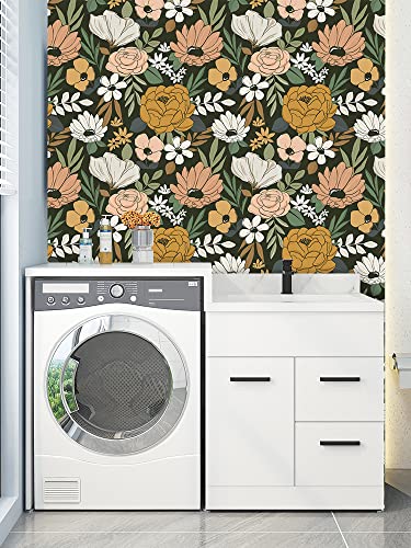 HAOKHOME 93217 Vintage Large Floral Peel and Stick Wallpaper Removable Daisy Leaf Black/Sand/Oliva Vinyl Self Adhesive Mural 17.7in x 9.8ft