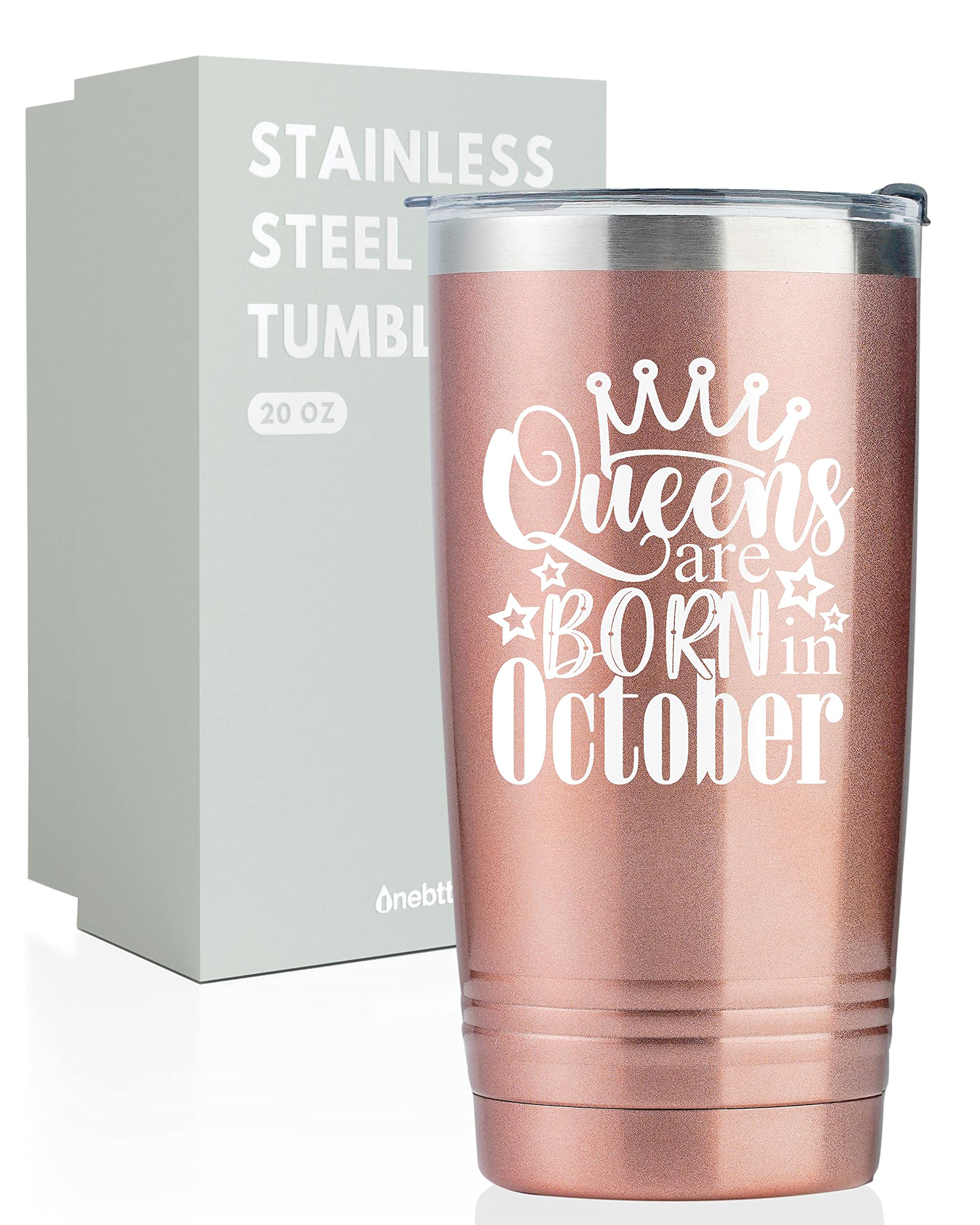 Onebttl Happy Birthday Tumbler for Women, Funny Birthday Gifts for Her, Girlfriend, Friends, Mom, Daughter, Sister, 20 oz Insulated Cup with Lid, Queens are Born in October, Rose Gold