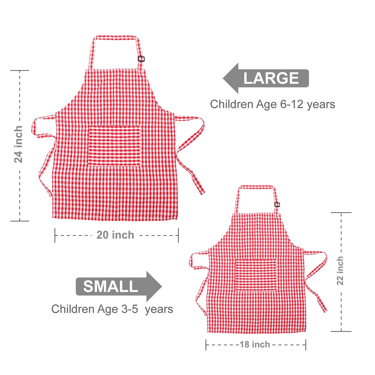 Kids Chef Hat Apron Set, Cute Children Baby Baking Gingham Aprons with Adjustable Neck Strap and Pockets for Boys and girls Cooking Baking Painting Gardening Aprons in 2 Sizes (Red Gingham, Small)