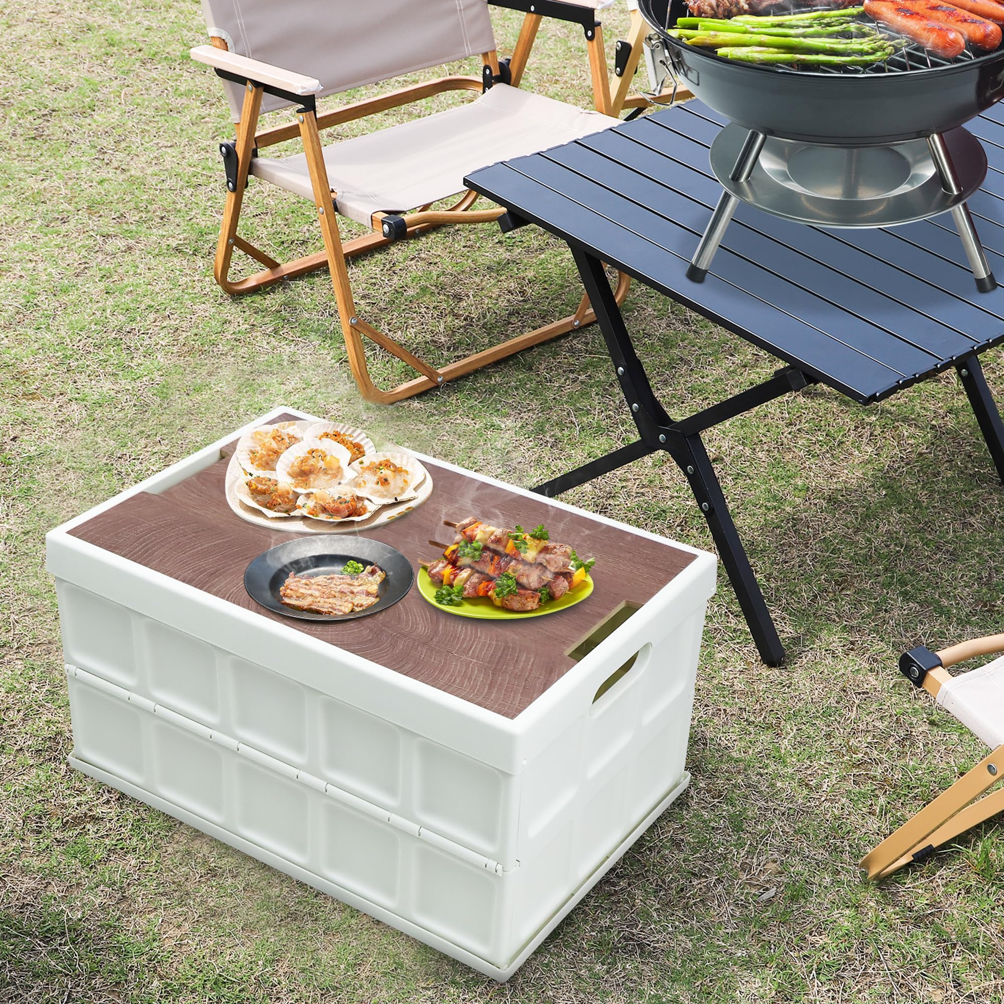Folding Camping Storage Bins with Wood Lid 60LCollapsible Closet Organizers and Storage Container,Multifunction Plastic Storage Box for,College Dorm Room Essentials,Office,Outdoor,Indoor White