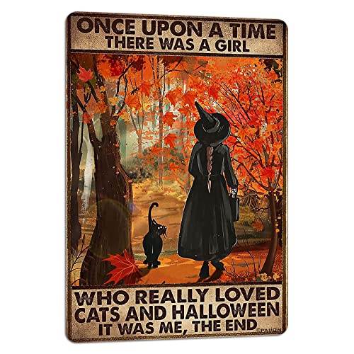 PAIION Black Witch Cat Sign Once Upon A Time There was A Girl Who Really Loved Cats Halloween Vintage Metal Signs Bathroom Bedroom Wall Decoration Man Cave 8x12 inches