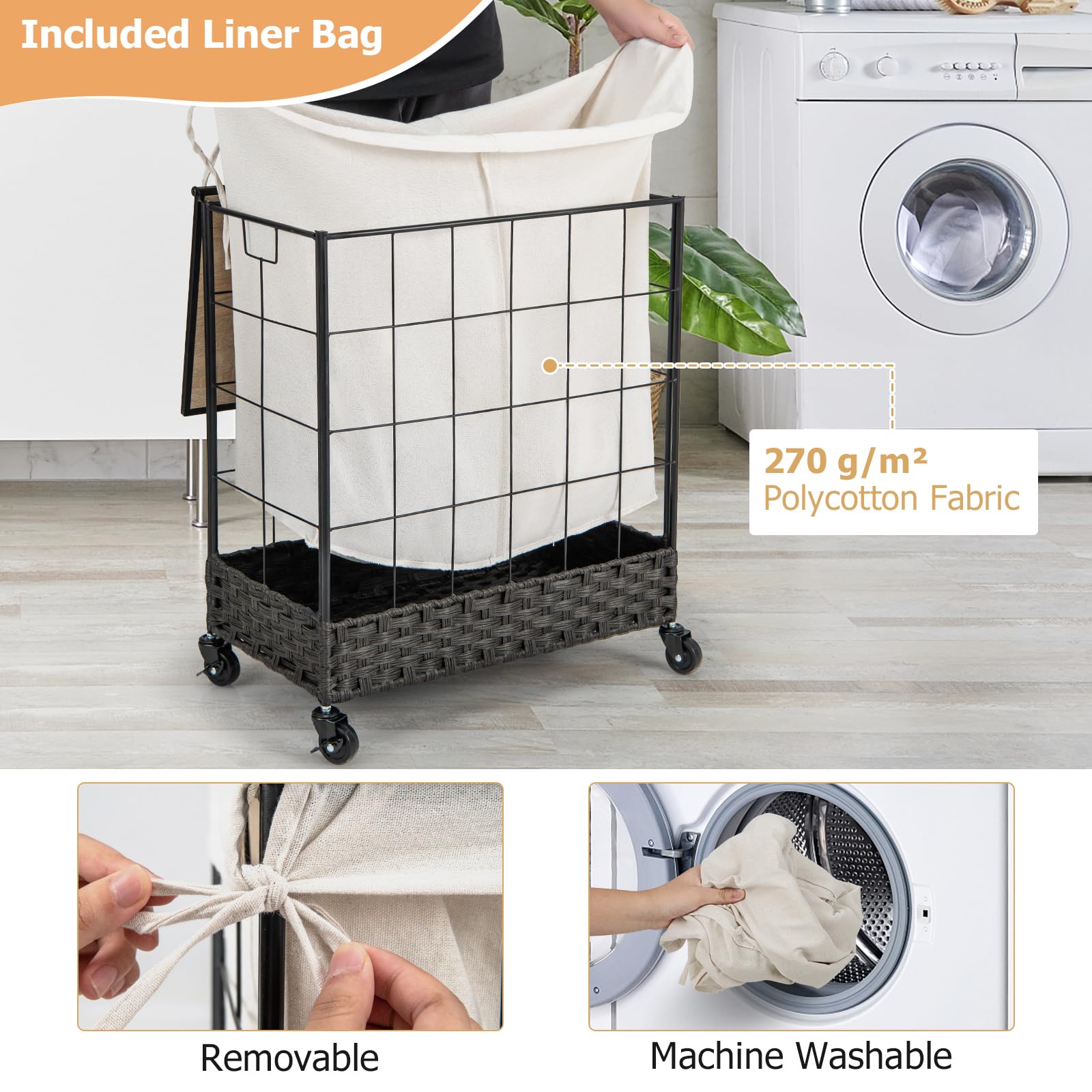 Giantex Laundry Hamper with Wheels and Lid, 110L Heavy Duty Laundry Sorter with Removable Liner Bag & Wood Lid, 2-Section Divided Metal Laundry Basket, Handwoven Rattan Rolling Laundry Basket (Black)