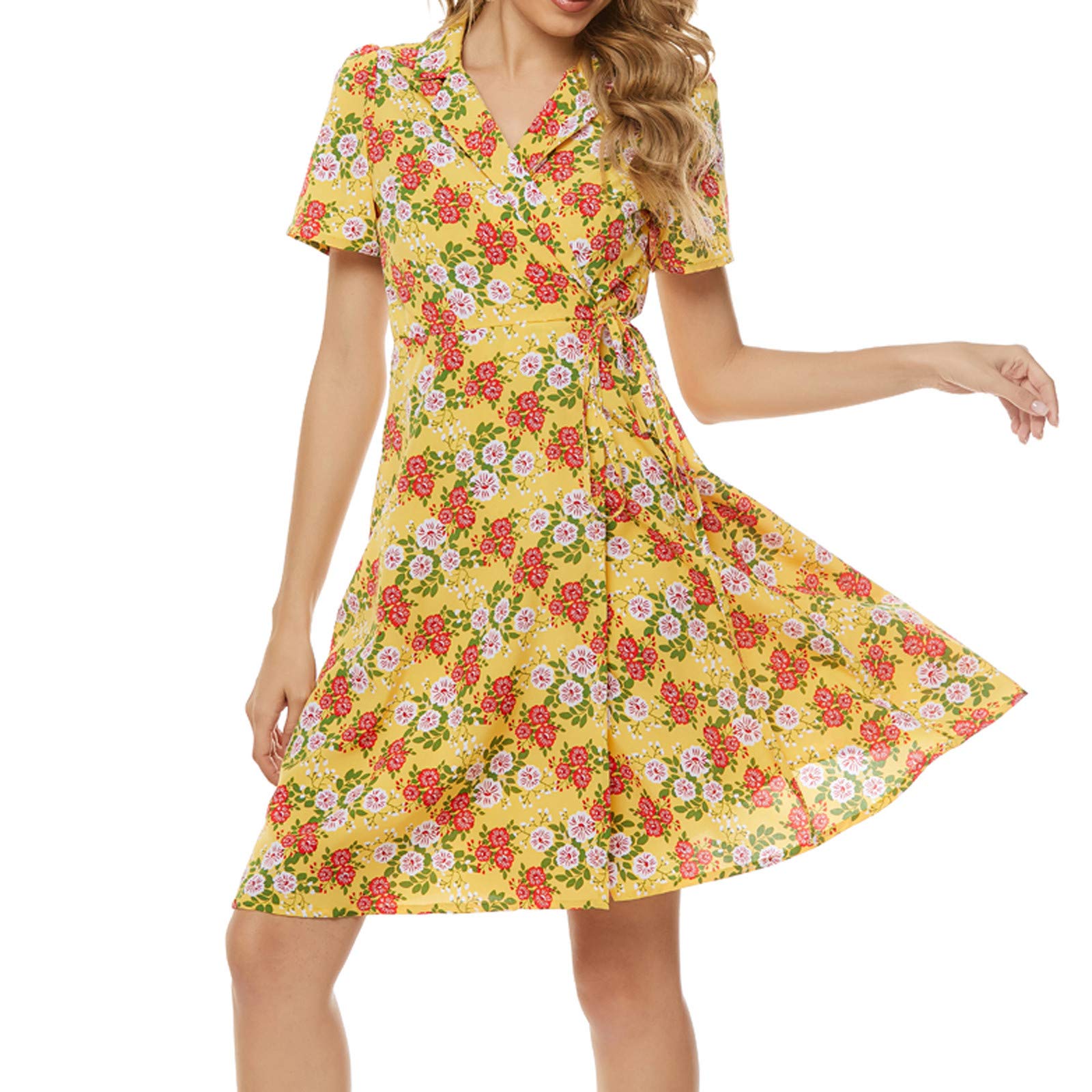 Padaleks Womens Dresses Summer Casual Floral Print Short Sleeve Midi V-Neck Baggy Split Beach Party Dress w/Belt