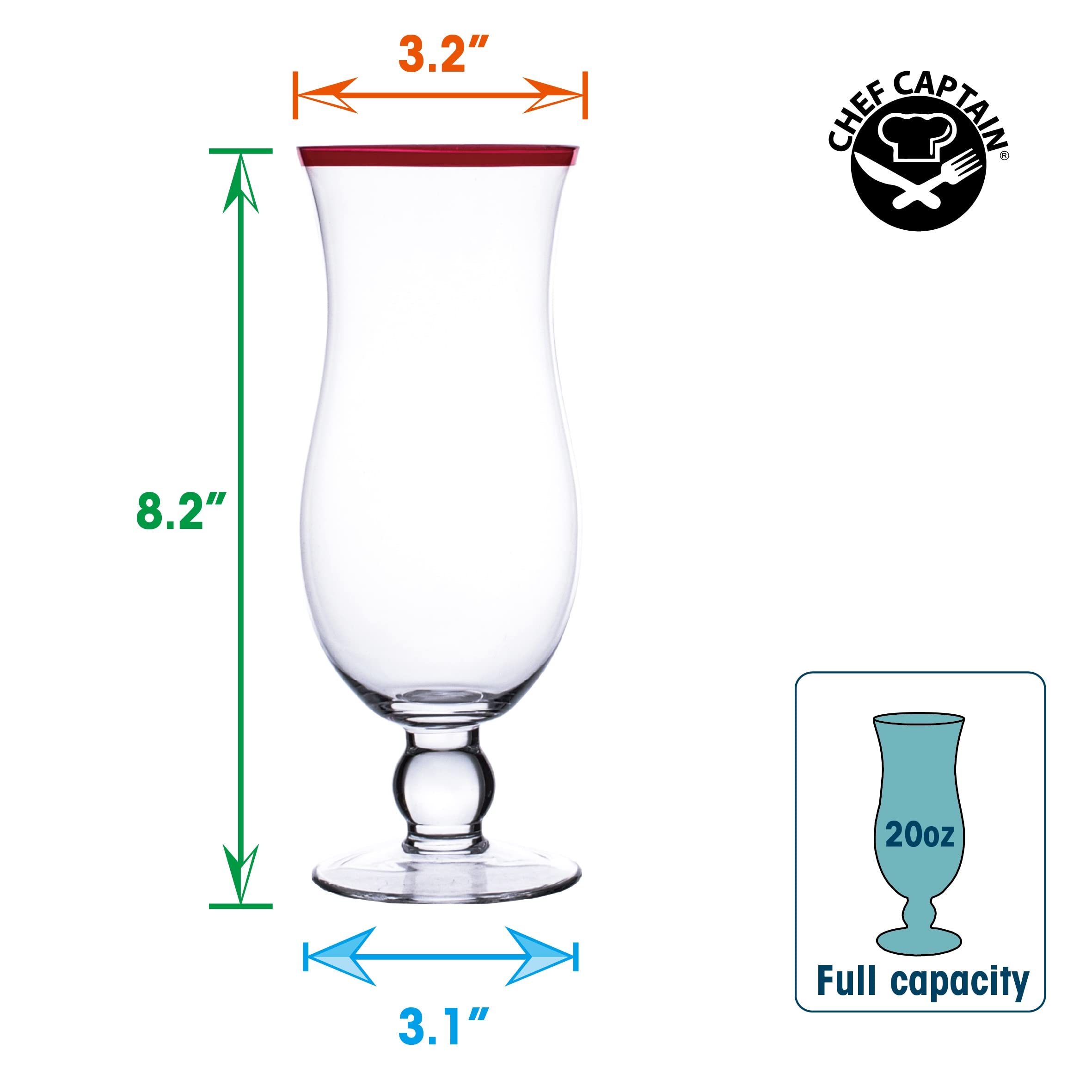 Chefcaptain Hurricane Cocktail Color Glasses, Pina Colada Hand Blown Ultra Crystal Clear XL 20 Ounces Pack Of 4 (Hurricane XL 20 OZ)