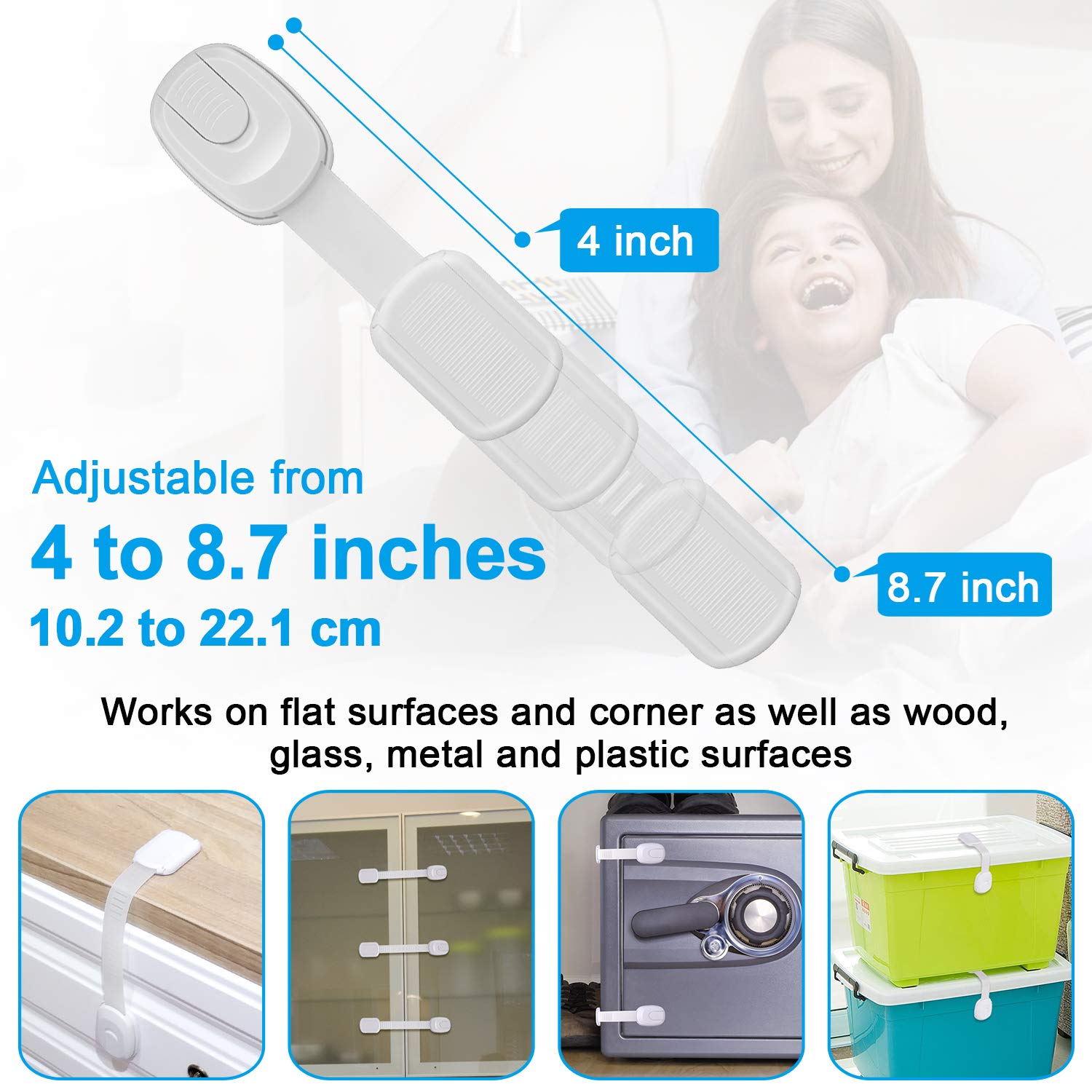 Cabinet Locks Child Safety Strap Locks (4+10 Pack) Adjustable Baby Locks for Cabinets, Refrigerator, Drawers, Dishwasher, Cupboard and More No Drilling Needed Child Proof Drawer Locks
