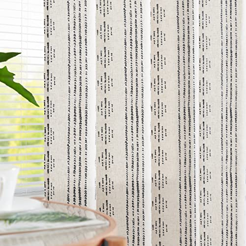 jinchan Boho Curtains Linen Curtains for Living Room Black Farmhouse Boho Curtains 84 Inches Long Geometric Striped Patterned Mudcloth Grommet Top Curtains 2 Panels Black on Beige