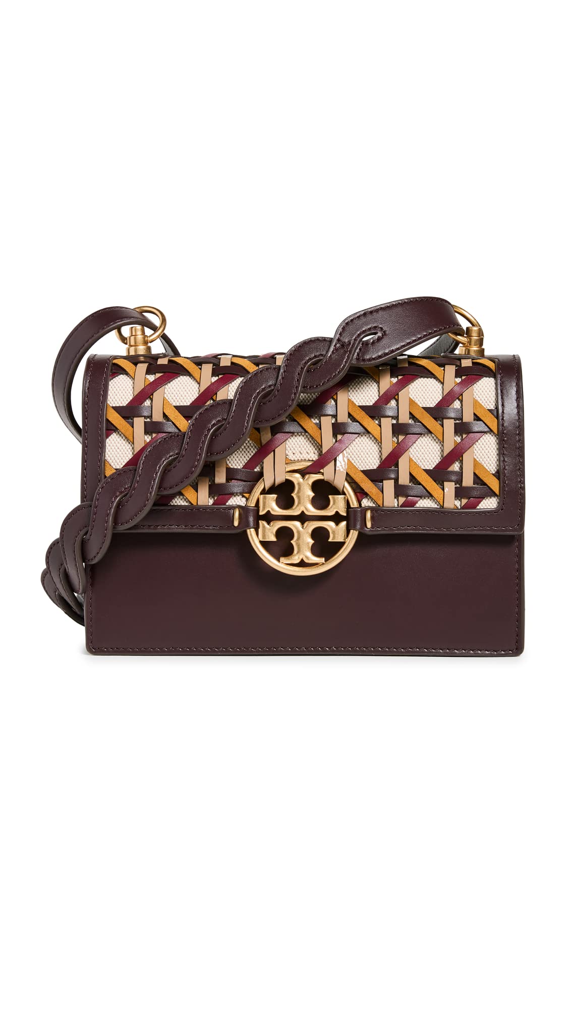 Tory Burch Women's Miller Basketweave Small Flap Shoulder Bag, Tempranillo Mix, Brown, One Size