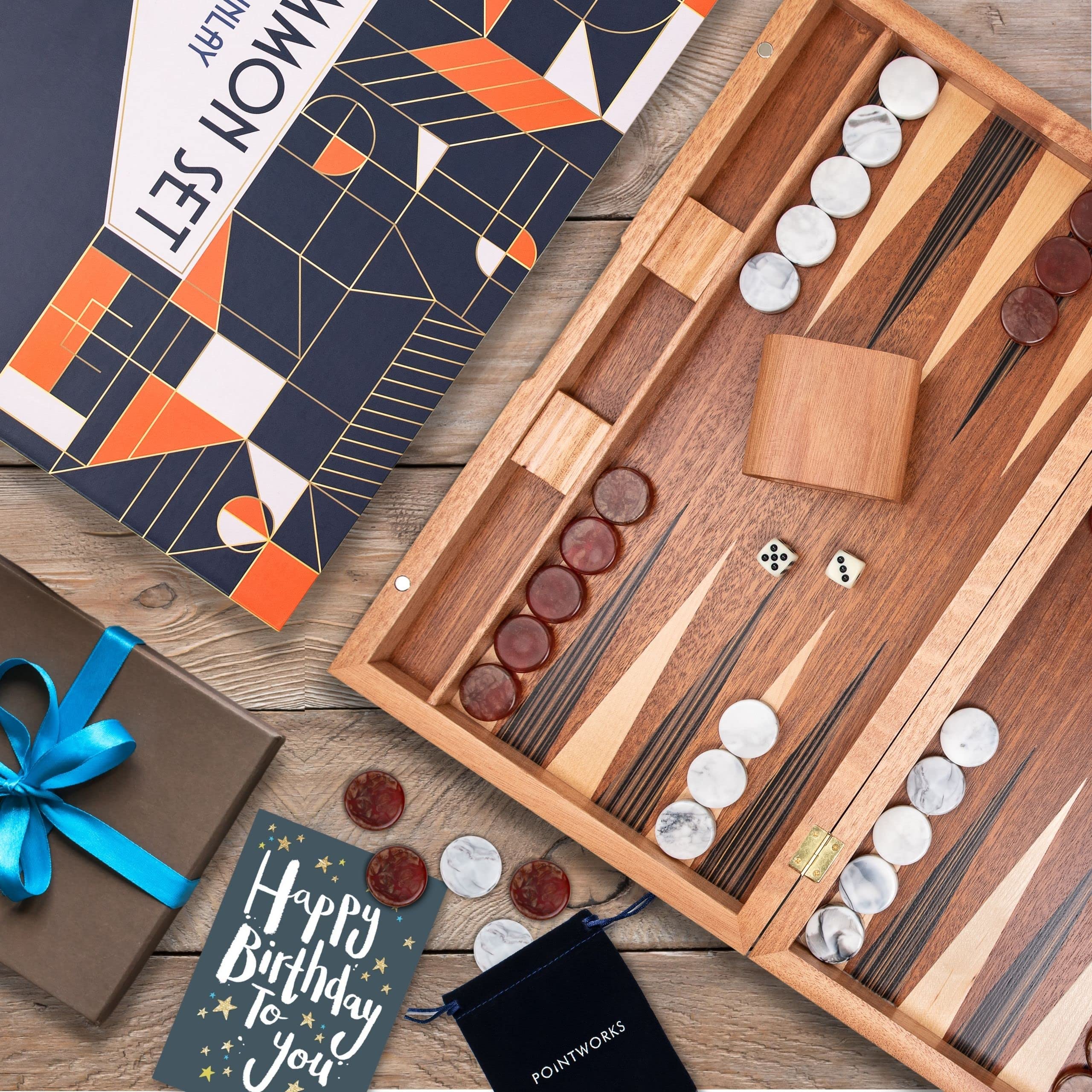 Pointworks 17 Inch Backgammon Sets for Adults. Beautiful Wood Inlaid Backgammon Board Game Set with Unique Checkers & Dice. Large Travel Backgammon Set for Adults, Backgammon Game for 2 Players